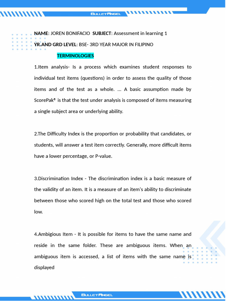 Assessment in learning 1 (Terminologies) | PDF