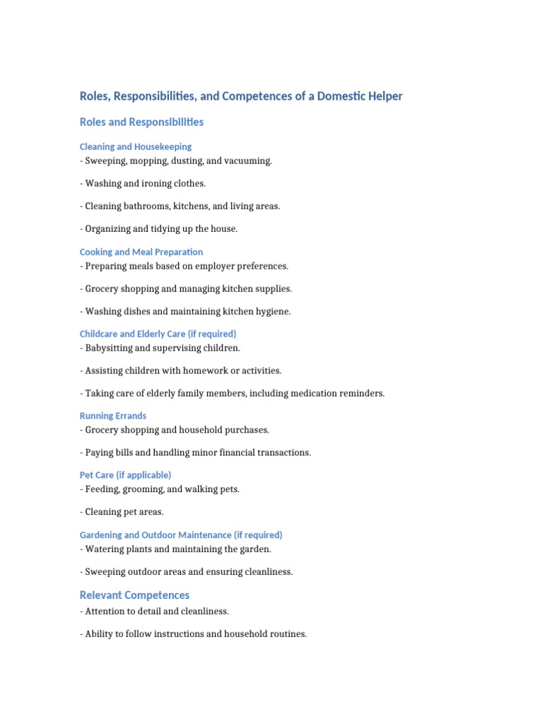 Domestic Helper Roles and Competences | PDF