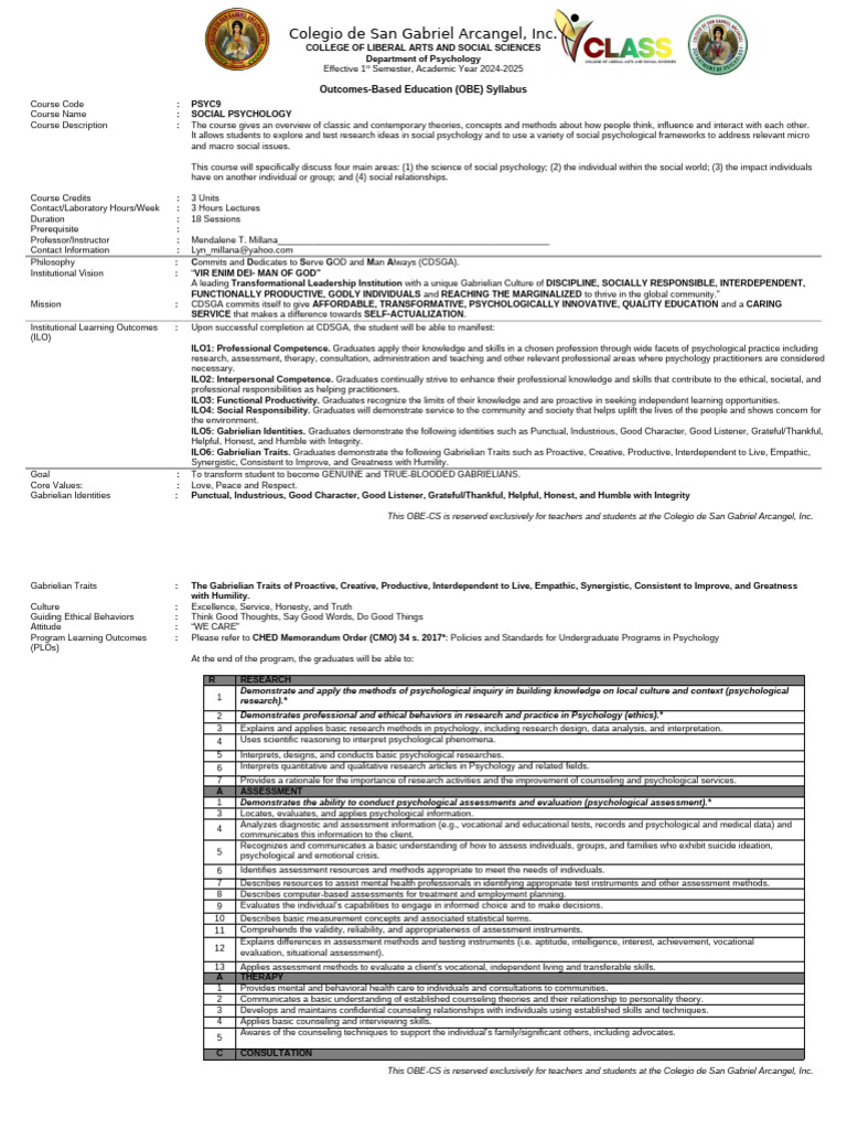 SYLLABUS PSYC9 Social Psychology 2nd Sem - AY 2024 2025 | PDF ...