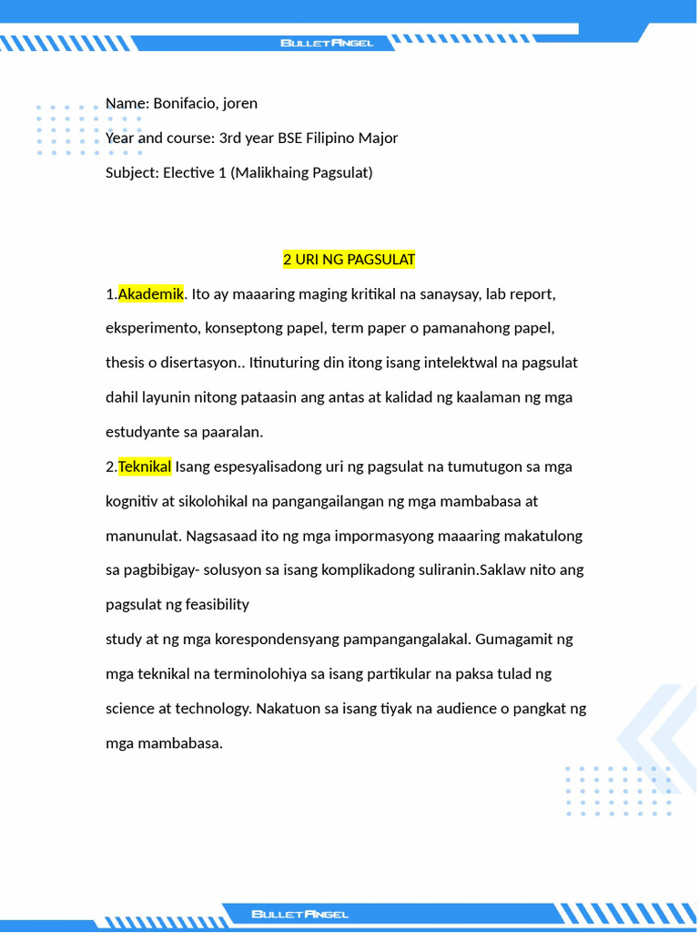 Gawain Bilang 1 (Malikhaing Pagsulat) | PDF