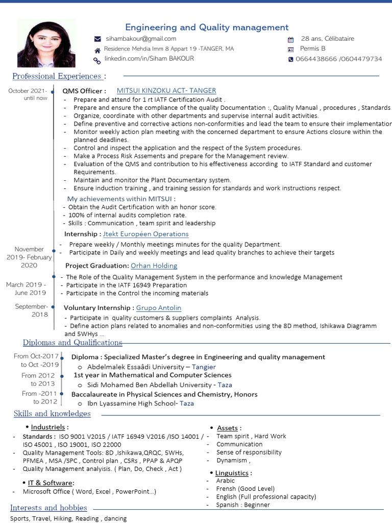 CV Siham BAKOUR (1) | PDF | Quality Management System | Audit
