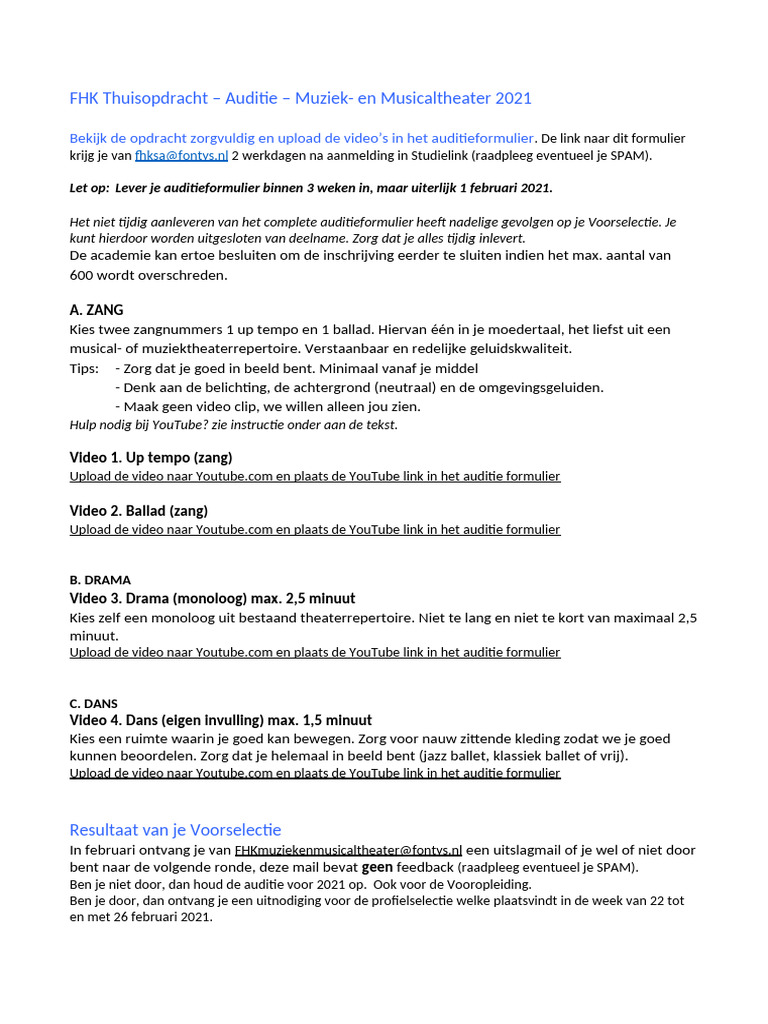 FHK Thuisopdracht Auditie Muziek - en Musicaltheater 2021 | PDF