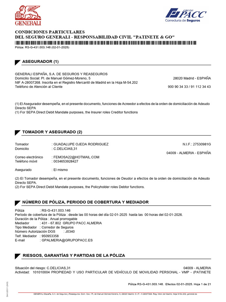 Seguro RC Patinete Eléctrico Generali | PDF | Póliza de seguros | Seguro