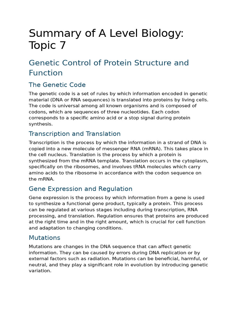 Summary of A Level Biology | PDF | Translation (Biology) | Genetics