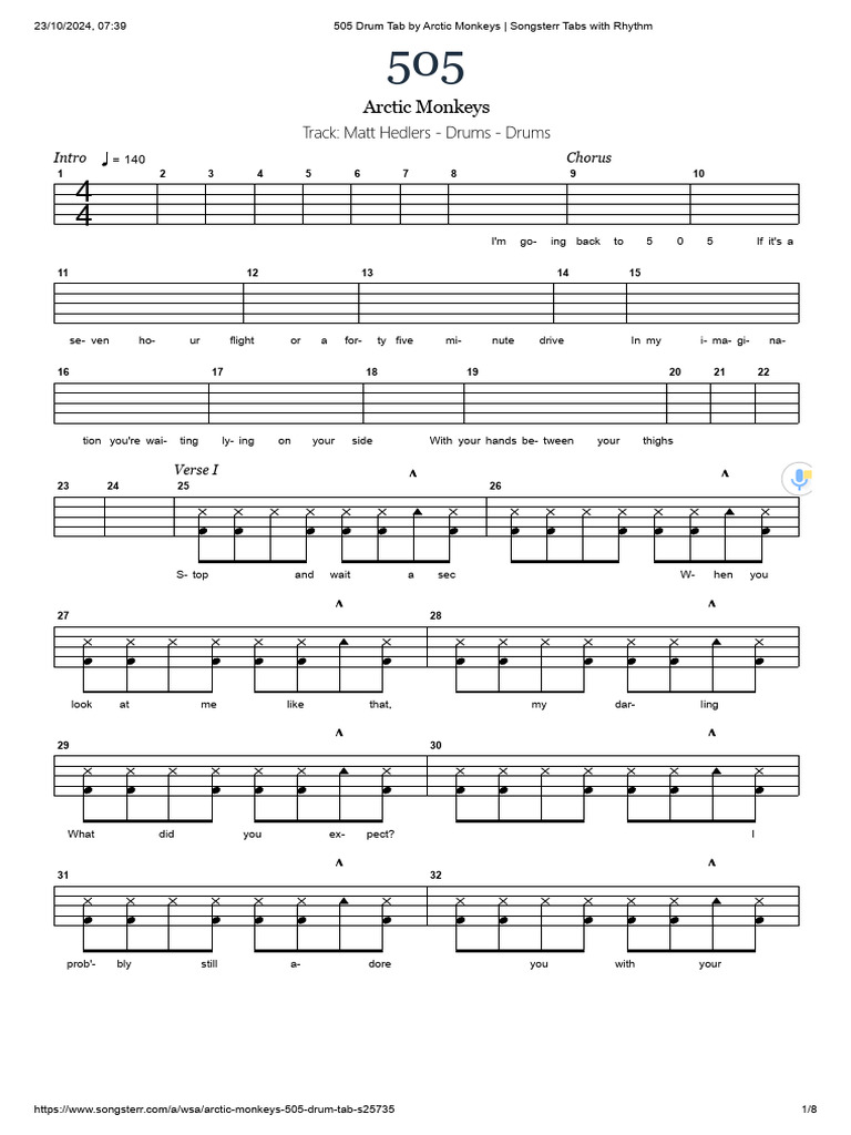 505 Drum Tab by Arctic Monkeys - Songsterr Tabs With Rhythm | PDF ...