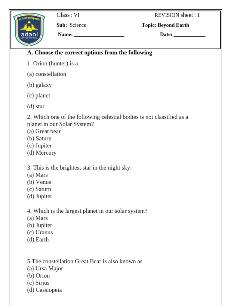 Beyound The Earth Worksheet | PDF | Solar System | Planets
