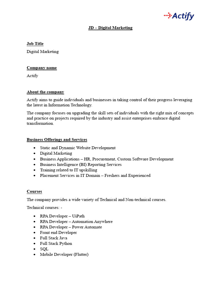 JD - Digital Marketing (1) | PDF | Digital Marketing | Marketing