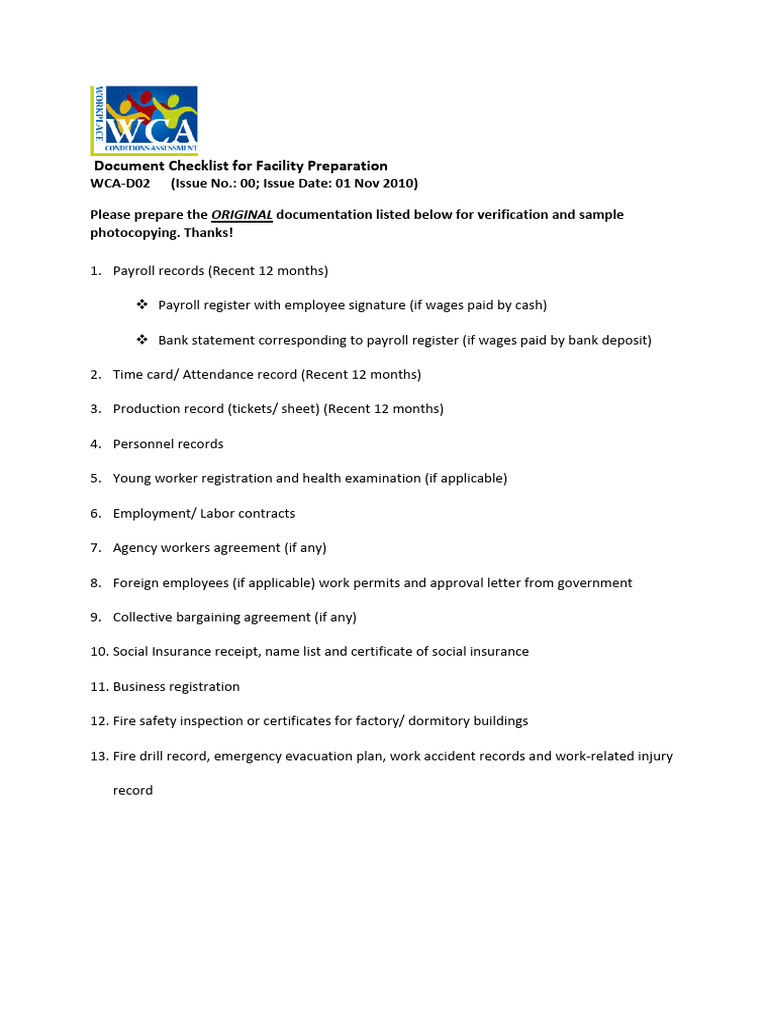 Facility Preparation Document Checklist | PDF