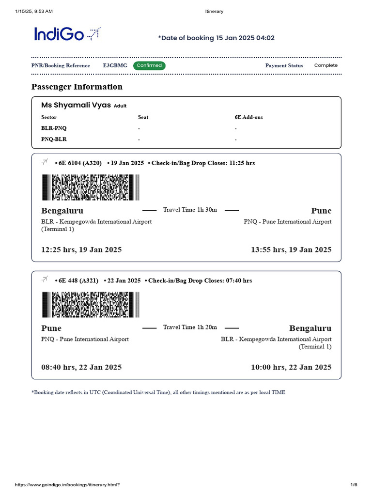 Shayamali vyas blr-pune-blr | PDF | Travel Visa | Airport