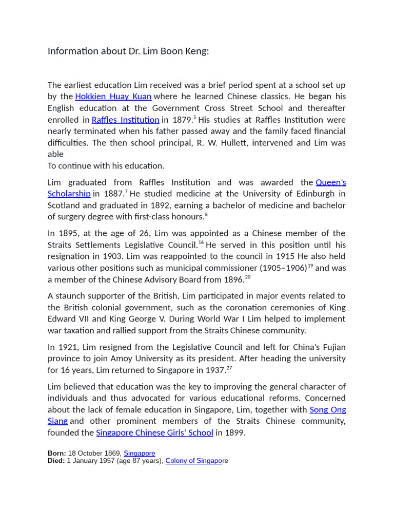 Information About DR Lim Boon Keng | PDF