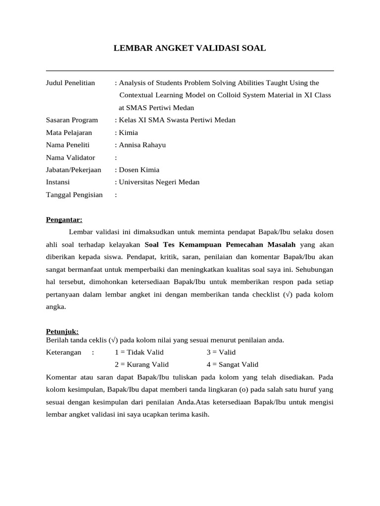 Lembar Angket Validasi Soal | PDF