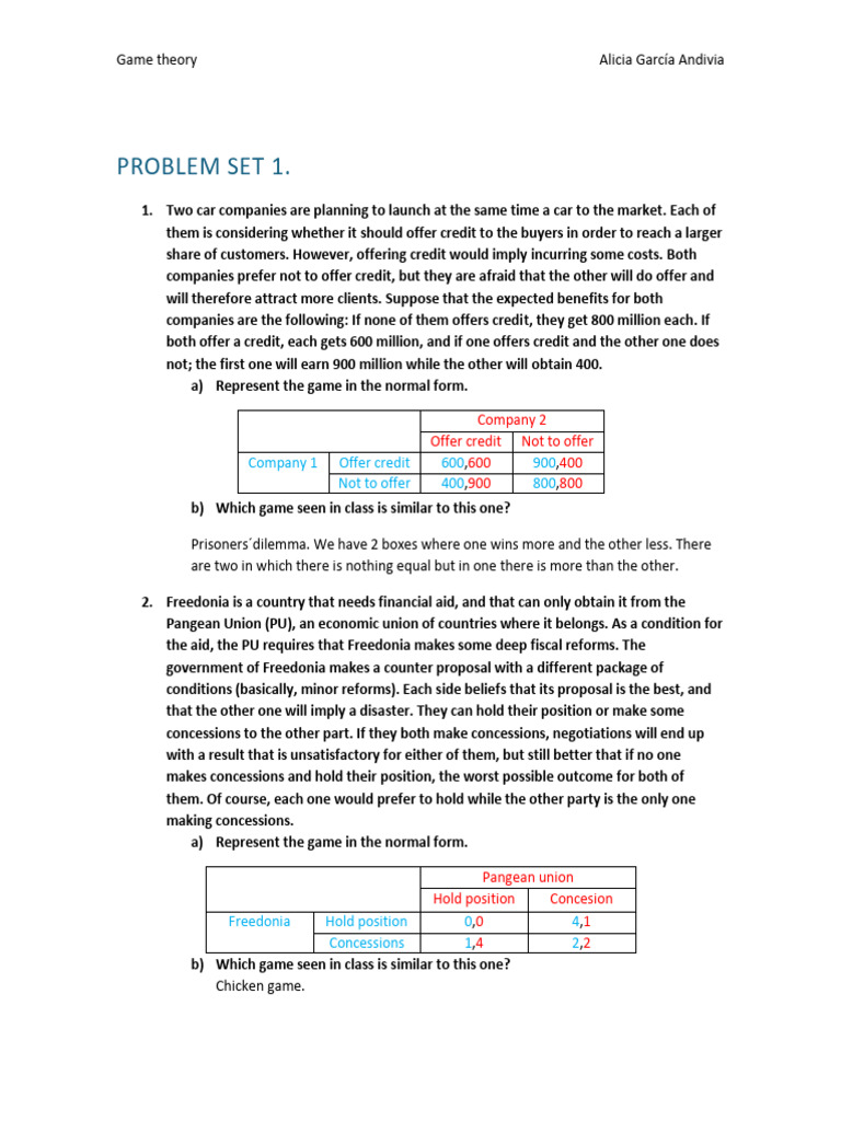 PROBLEM SET 1 | PDF | Game Theory | Economics Of Uncertainty