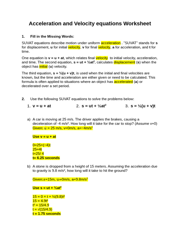 Acceleration and Velocity Equations Worksheet Answers | PDF ...