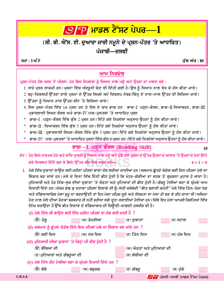 SP Sample Paper Punjabi 10 | PDF