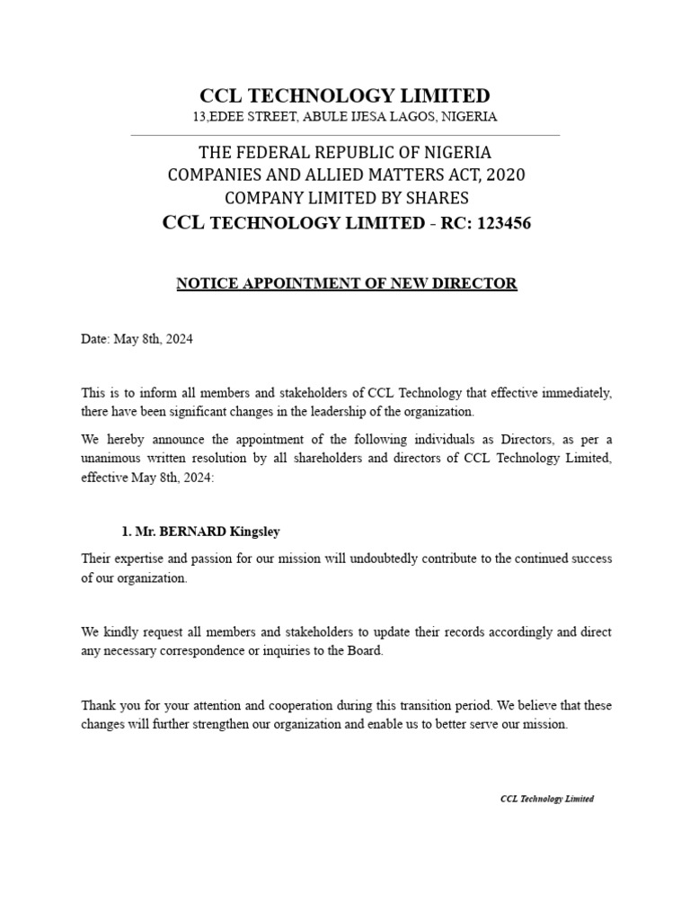 Notice Appointment of New Director For Cac Application | PDF