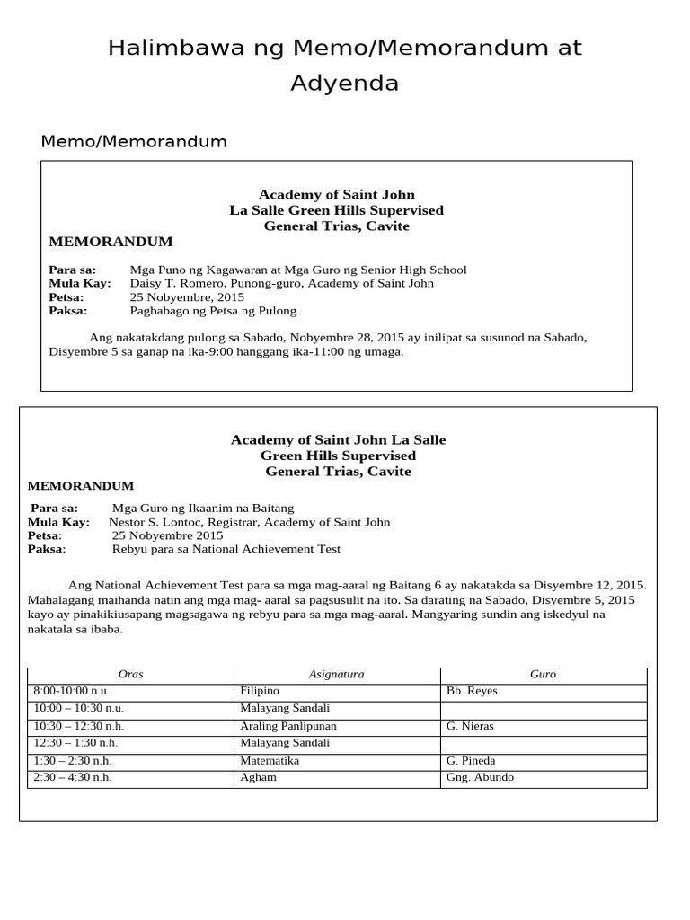 Filipino Sa Piling Larangan - Memorandum at Adyenda | PDF