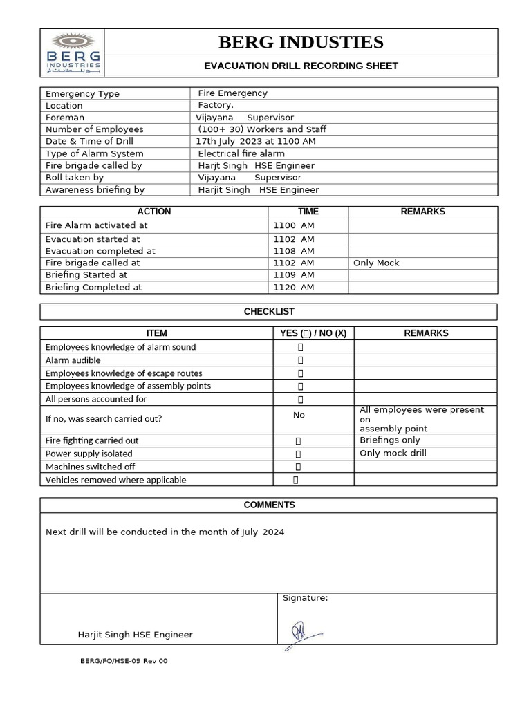Form 09 Evacuation Drill Recording Sheet | PDF