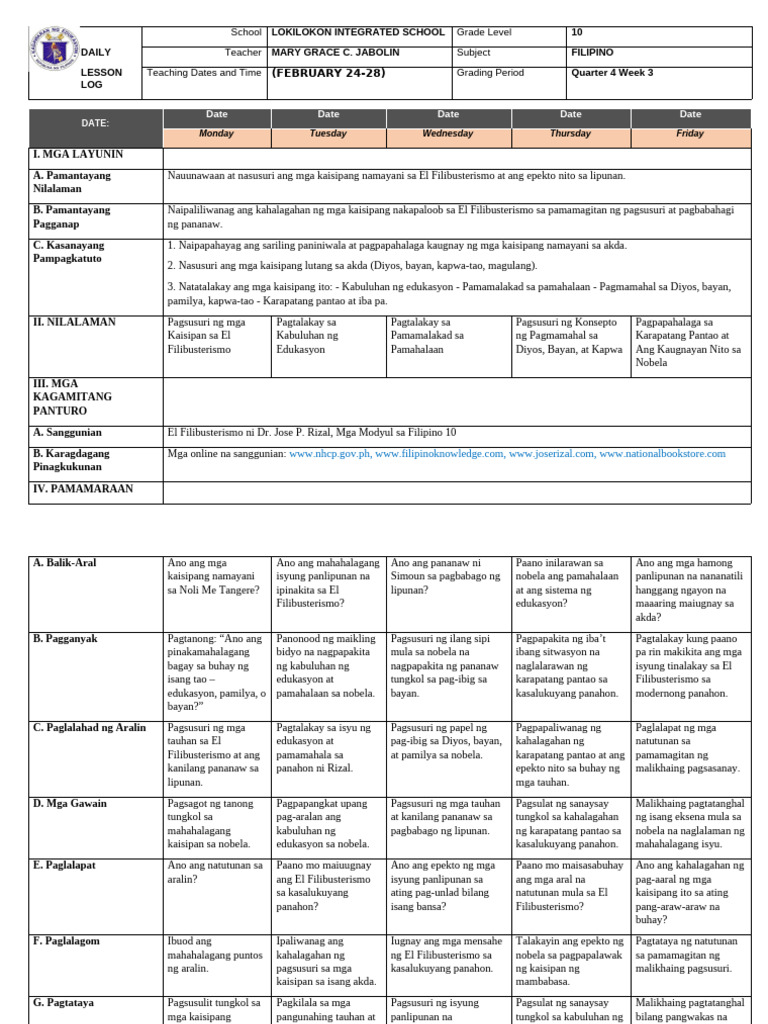 DLL G10 FILIPINO Q4 Week 3 | PDF