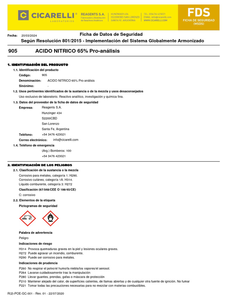 Ficha de Seguridad HNO3 Cicarelli | PDF | Corrosión | Agua