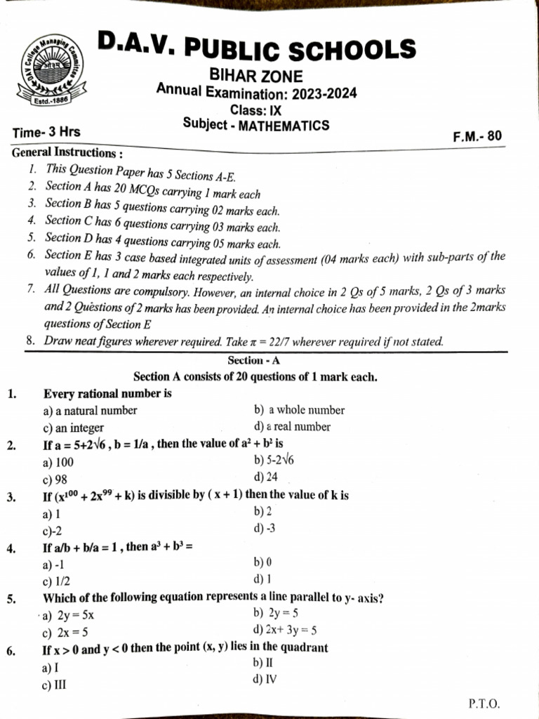 Class 9 Mathematics Exam Paper 2024 | PDF | Number Theory | Mathematics