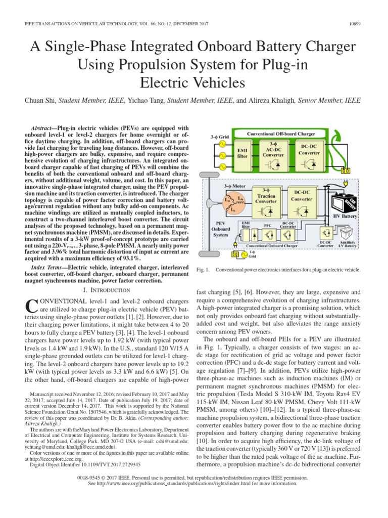 A Single-Phase Integrated Onboard Battery Charger Using Propulsion System For Plug-In Electric ...