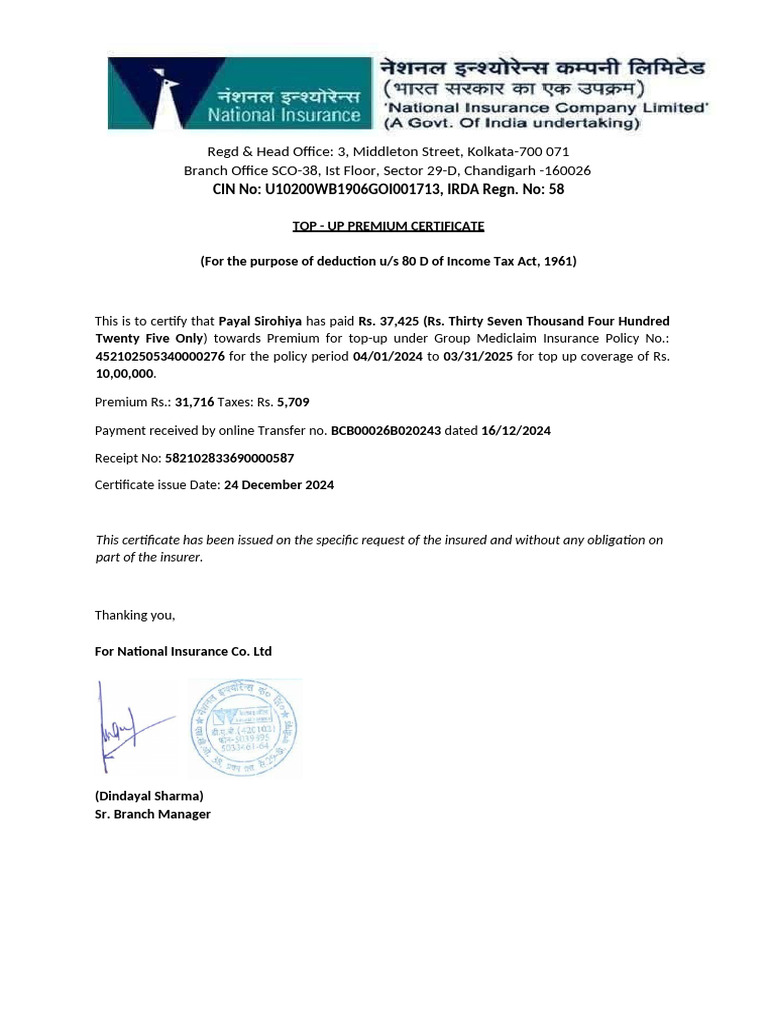 Mediclaim 80D - Self | PDF