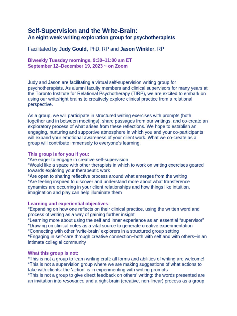 Self Supervision and The Write Brain Ad - Final | PDF | Psychotherapy ...
