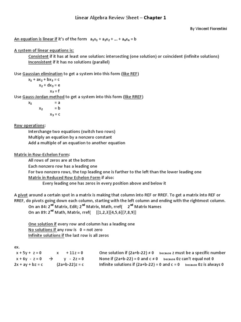 Linear Algebra Review Sheet - Chapter 1: by Vincent Fiorentini | PDF ...