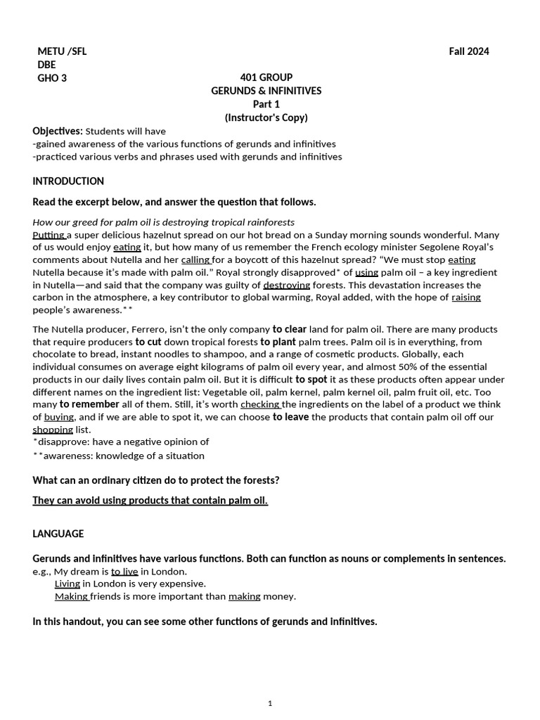 GHO 3 INS (Gerunds and Inf Part 1) - 1 | PDF | Verb | Subject (Grammar)