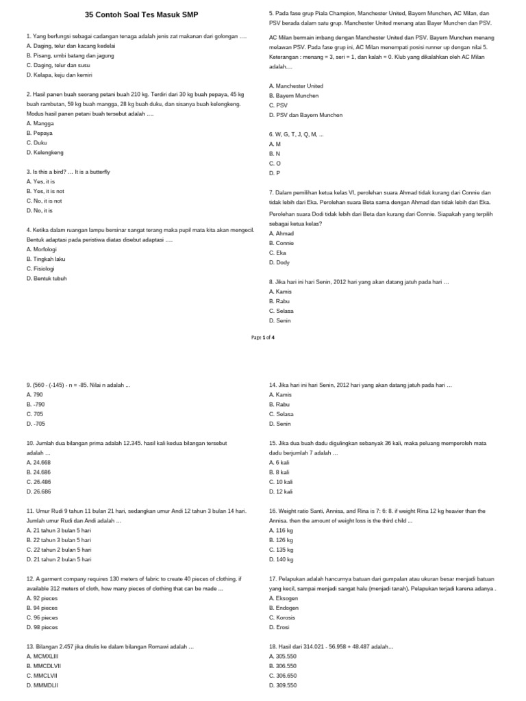 35 Contoh Soal Tes Masuk SMP | PDF