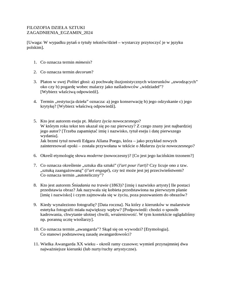 FILOZOFIA DZIEŁA SZTUKI Zagadnienia Na Egzamin 2024 | PDF