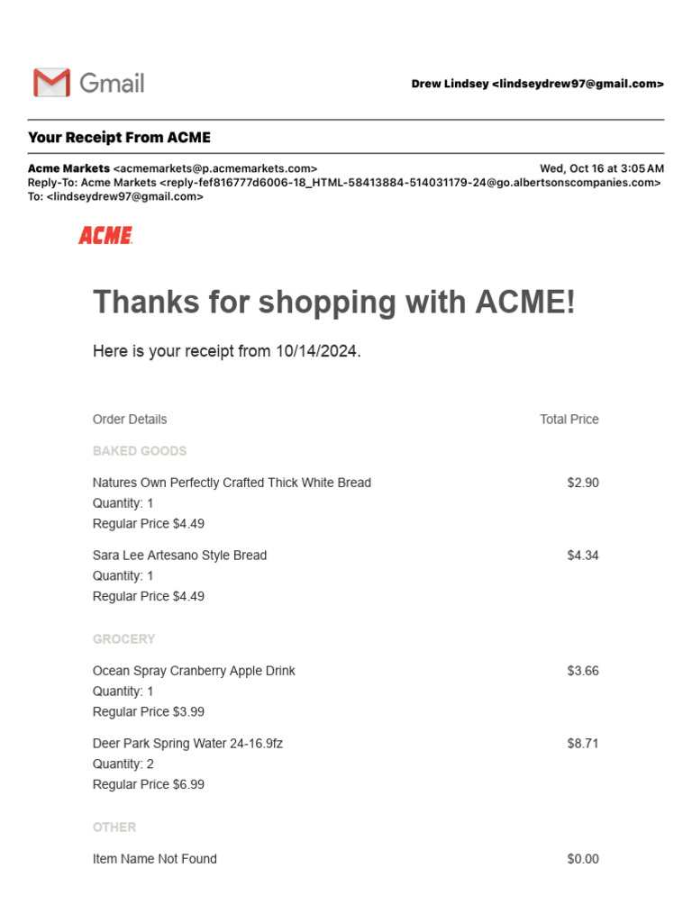 Your Receipt From ACME | PDF | Foods | Cuisine
