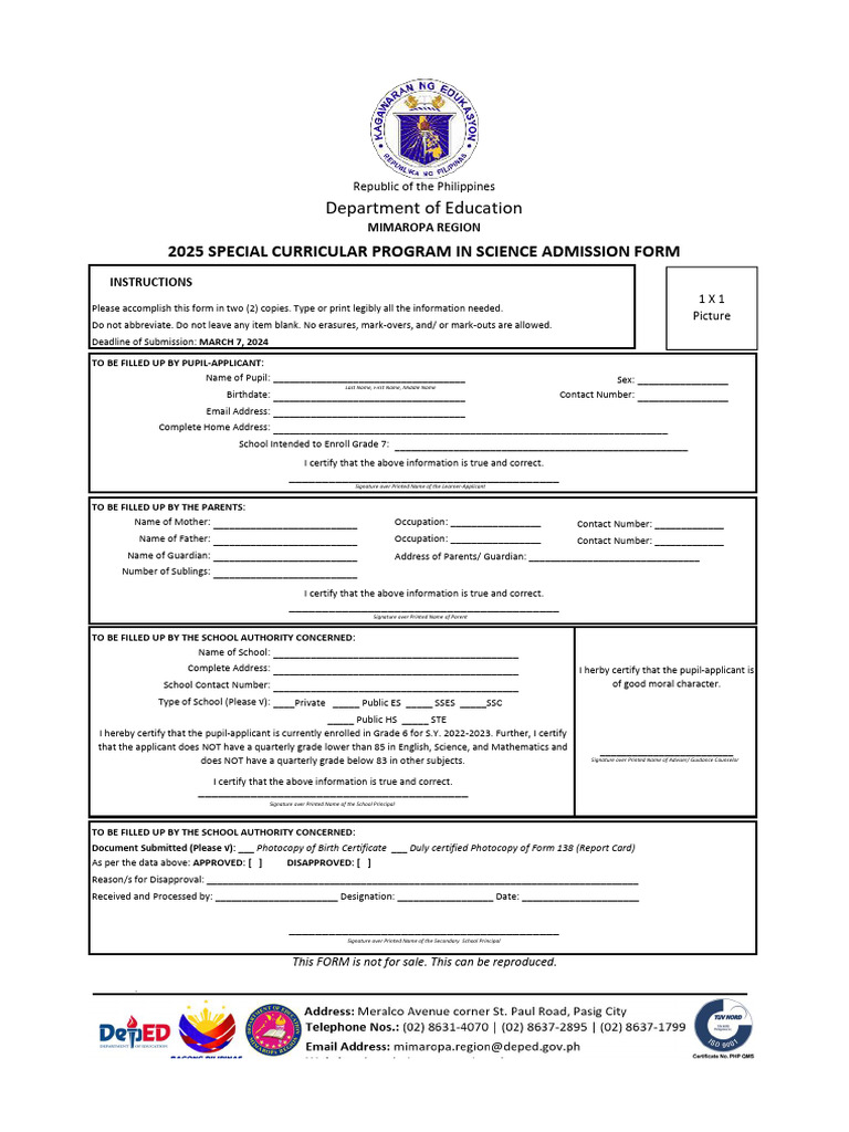 2025 Special Curricular Program in Science Admission Form | PDF