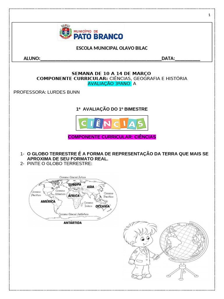 Avaliação de Ciências e História 3º Ano | PDF