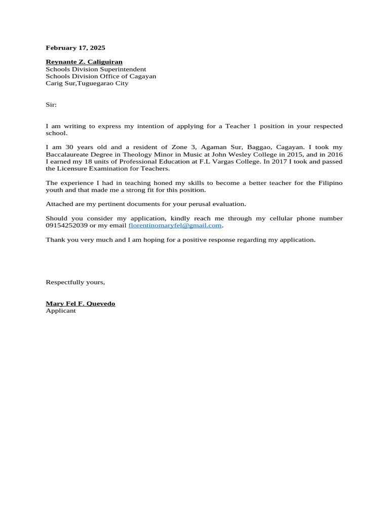Letter of Intent for Teacher 1 Position | PDF