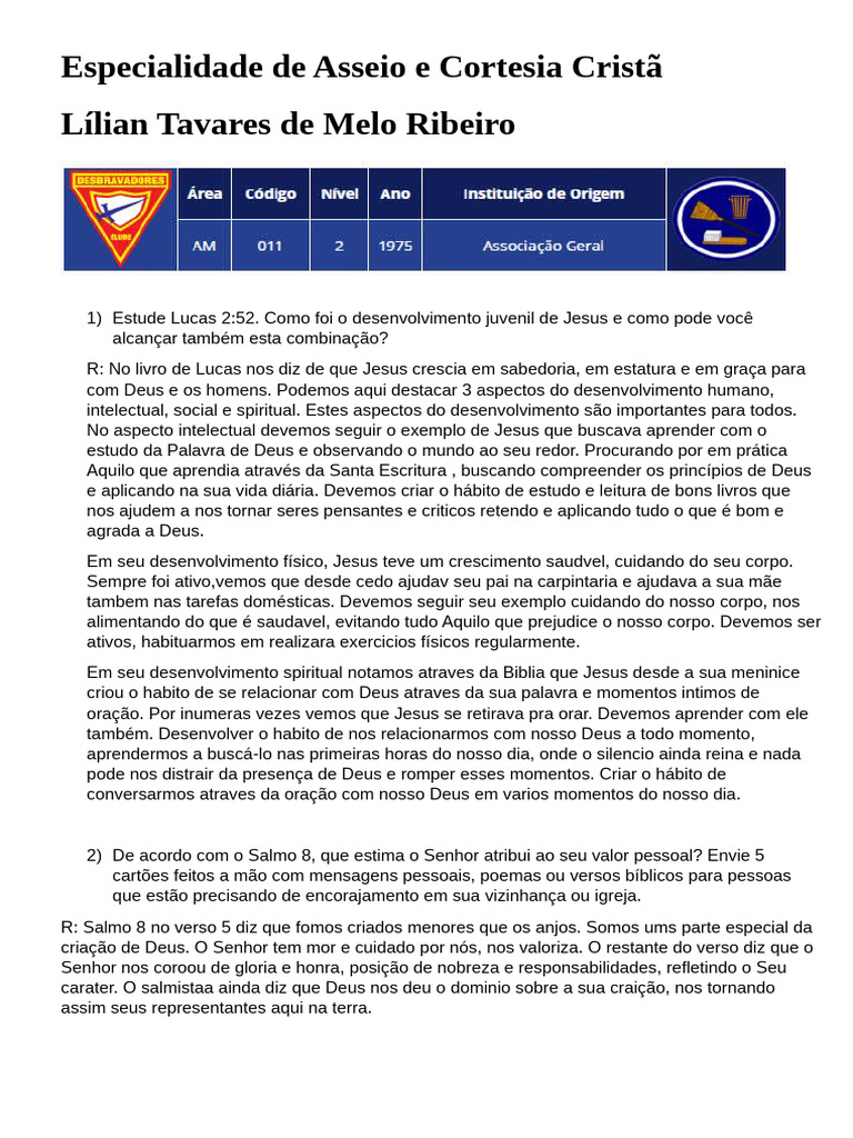 Especialidade de Asseio e Cortesia Cristã | PDF