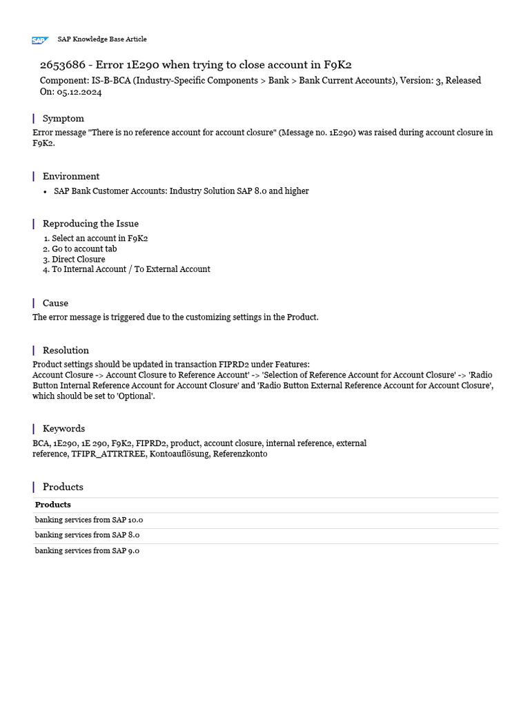 Resolving Error 1E290 in Account Closure | PDF