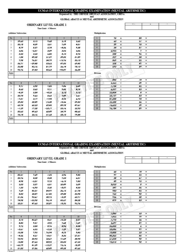 UCMAS Grade 1 Exam Answer Key | PDF | Elementary Mathematics | Arithmetic