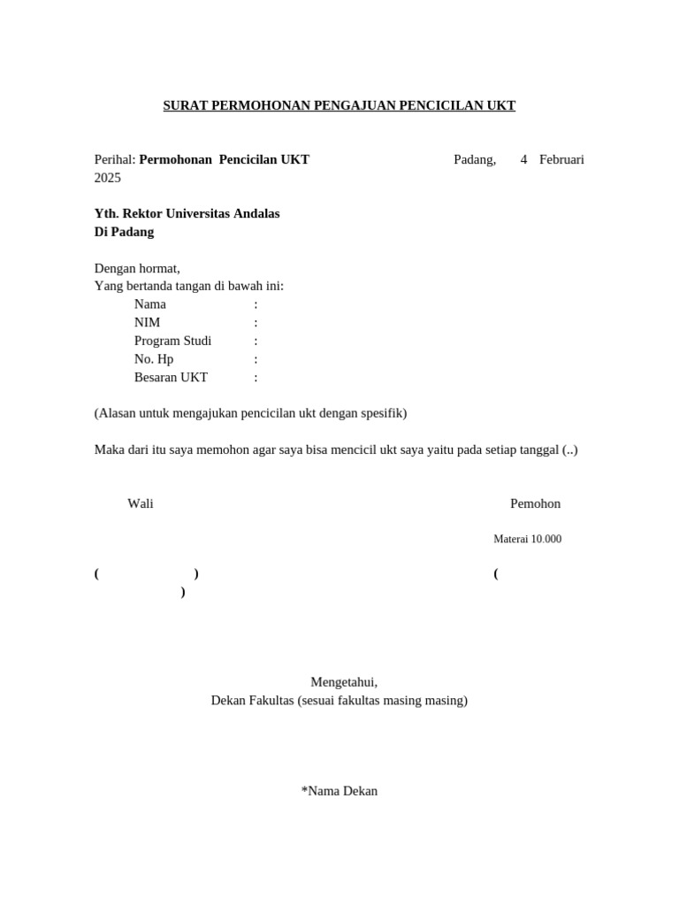 Surat Permohonan Pencicilan UKT Semester Ganjil-1 | PDF