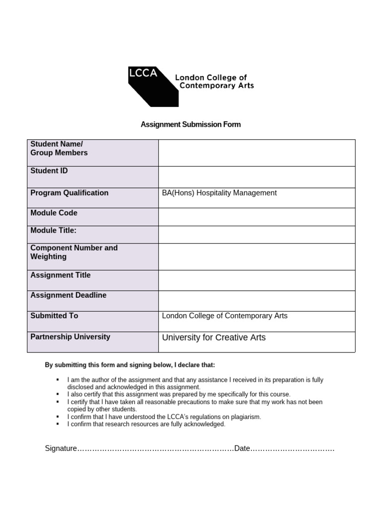 Assignment Submission-CoverPage-BA Hospitality | PDF