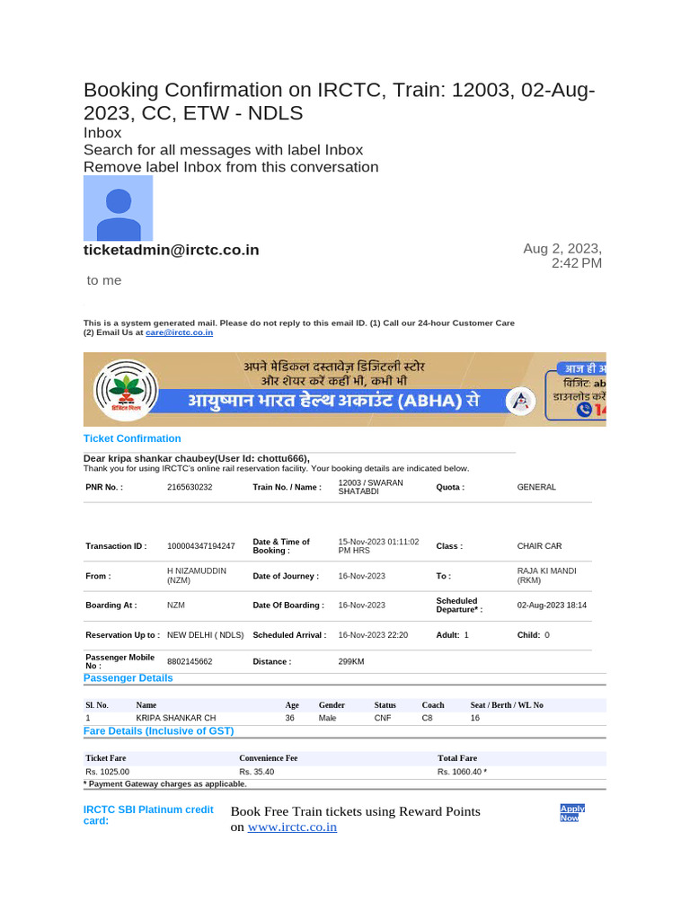 Booking Confirmation on IRCTC | PDF