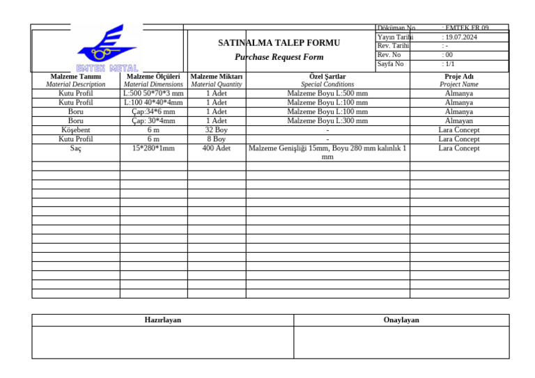 .09 Malzeme Talep Formu | PDF