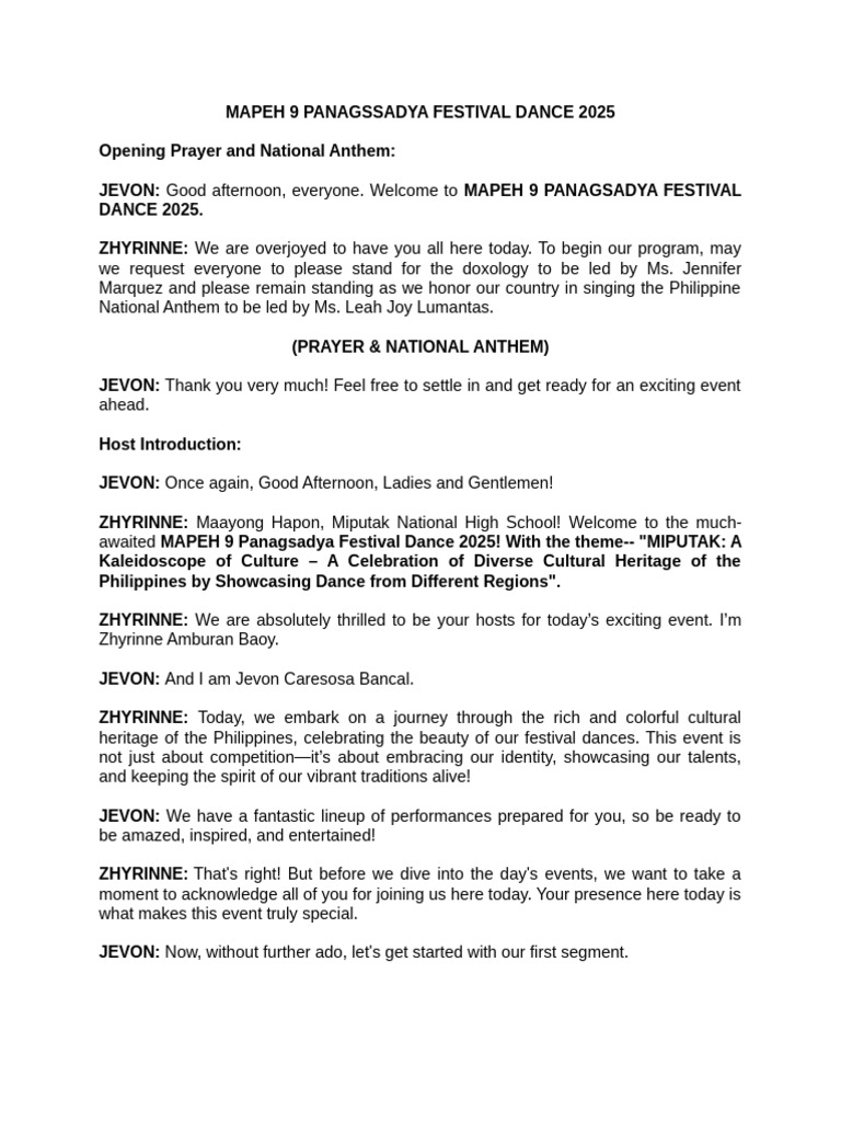 FINAL SCRIPT MAPEH 9 Panagssadya Festival Dance 2025 | PDF