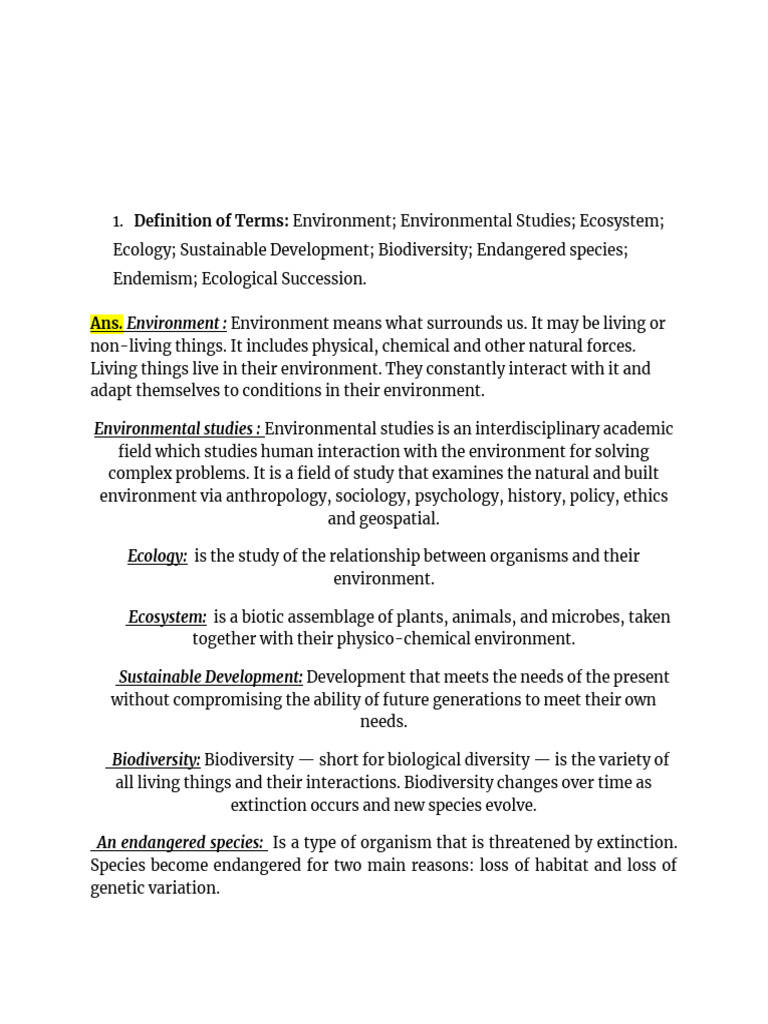 Question Bank On Environment, Ecosystems and Biodiversity-1 | PDF ...