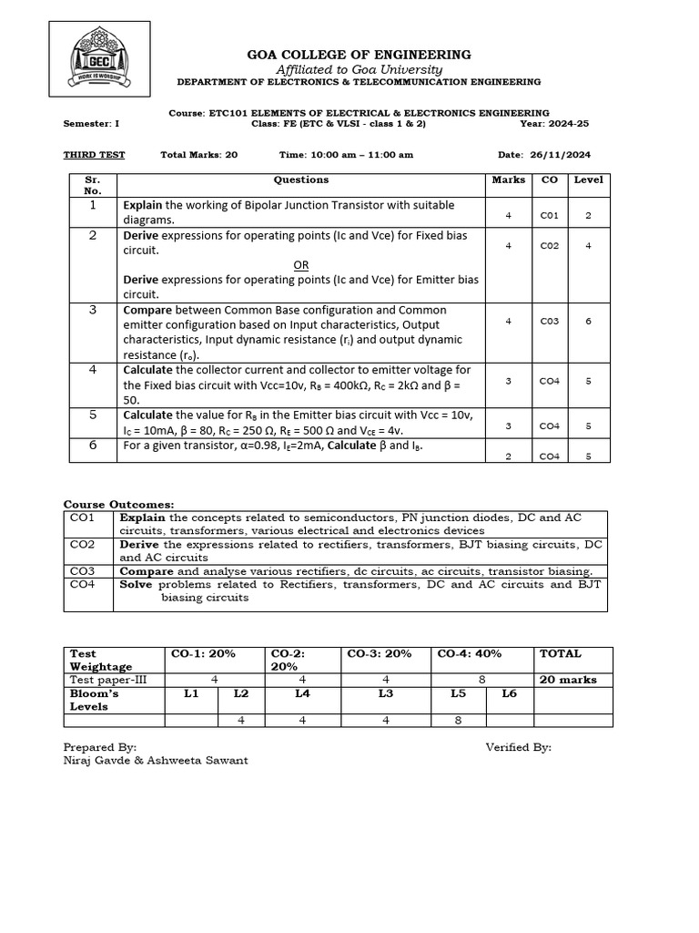 BEE IT 3 2024 - solution | PDF | Bipolar Junction Transistor | Transistor
