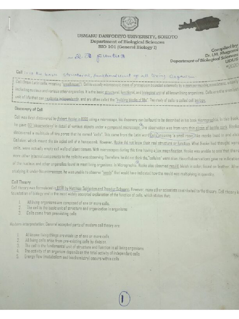 BIO 101 Cell Theory Material | PDF