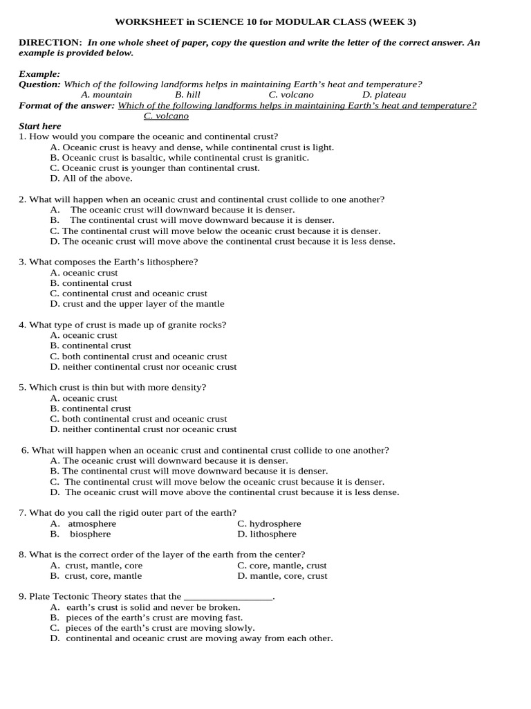 Worksheet Modular Class Long Test W3 | PDF | Crust (Geology) | Plate ...