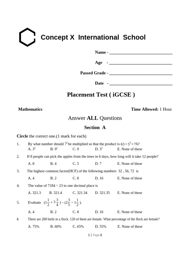 IGCSE Placement Test SET 1 | PDF | Mathematics | Arithmetic