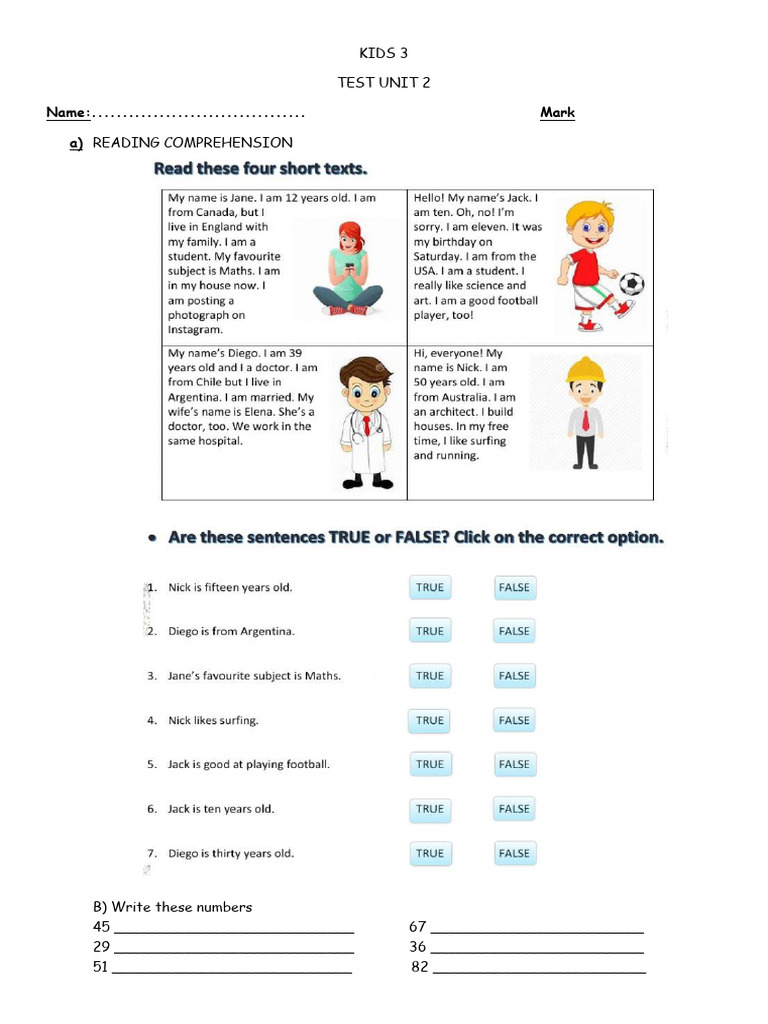 Kids 3 - Test Unit 2 | PDF