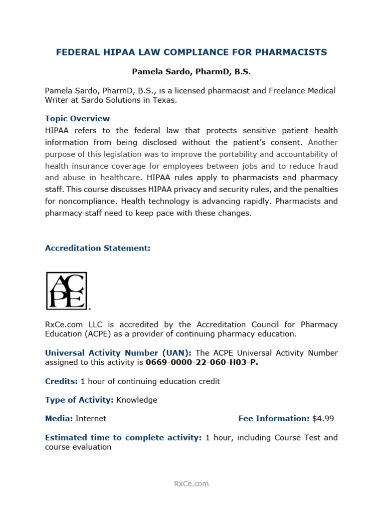 Federal HIPAA Law Compliance For Pharmacists Ceu | PDF | Health ...